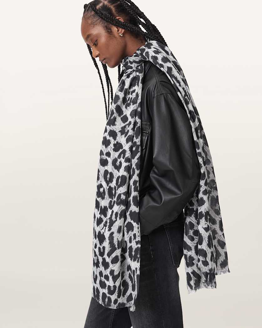 Leia Leopard Print Cotton Scarf Light Grey | ALLSAINTS FR